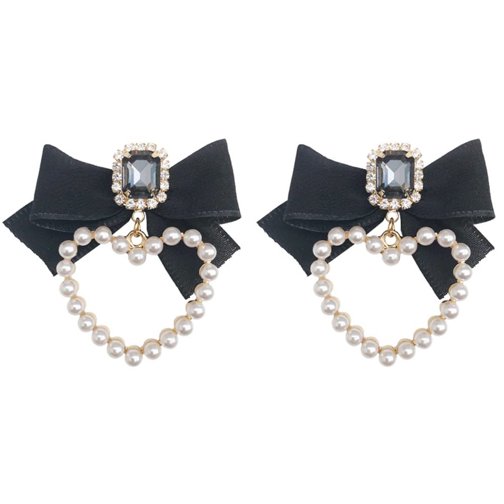 Channel V Vintage Heart Pearl Earrings Black Ribbon Bow Dangle Earrings Luxury Square Rhinestone Statement Love Pearl Jewelry Bow Tie Sparkly Party Sweet Wedding Bride Earrings Women