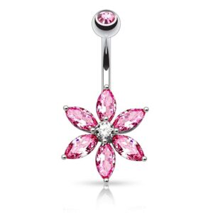 marquise cut cz flower petal surgical steel navel belly button ring 14g 3/8" - pink