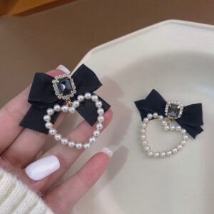 Channel V Vintage Heart Pearl Earrings Black Ribbon Bow Dangle Earrings Luxury Square Rhinestone Statement Love Pearl Jewelry Bow Tie Sparkly Party Sweet Wedding Bride Earrings Women