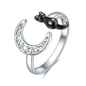 crmad cat ring sterling silver black cat on the celtic moon ring gifts for women(8, silver)