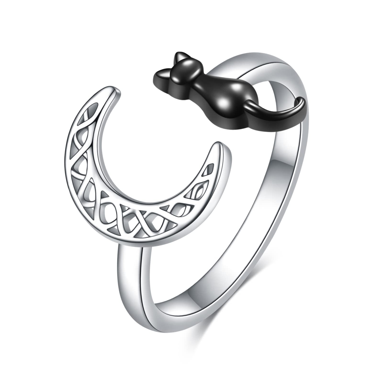 CRMAD Cat Ring Sterling Silver Black Cat on the Celtic Moon Ring Gifts for Women(8, silver)