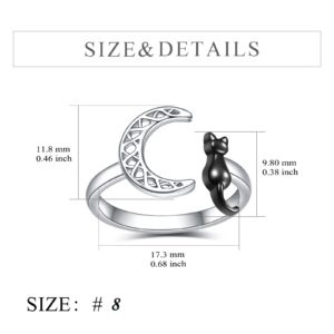 CRMAD Cat Ring Sterling Silver Black Cat on the Celtic Moon Ring Gifts for Women(8, silver)