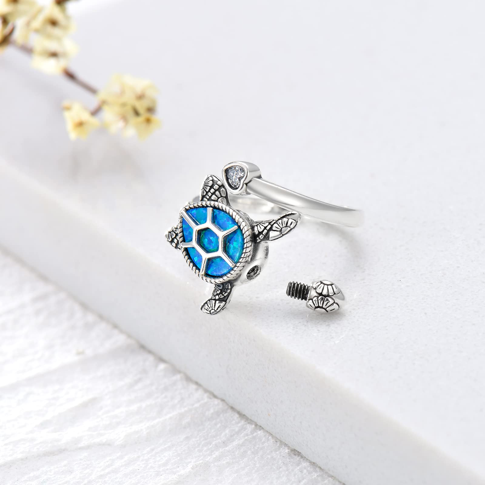 MBSUUH Simulated Opal Sea Turtle Urn Rings for Ashes Blue Turtle Urn Open Rings for Women Teen Girls Jewelry Gifts for Turtle Lovers