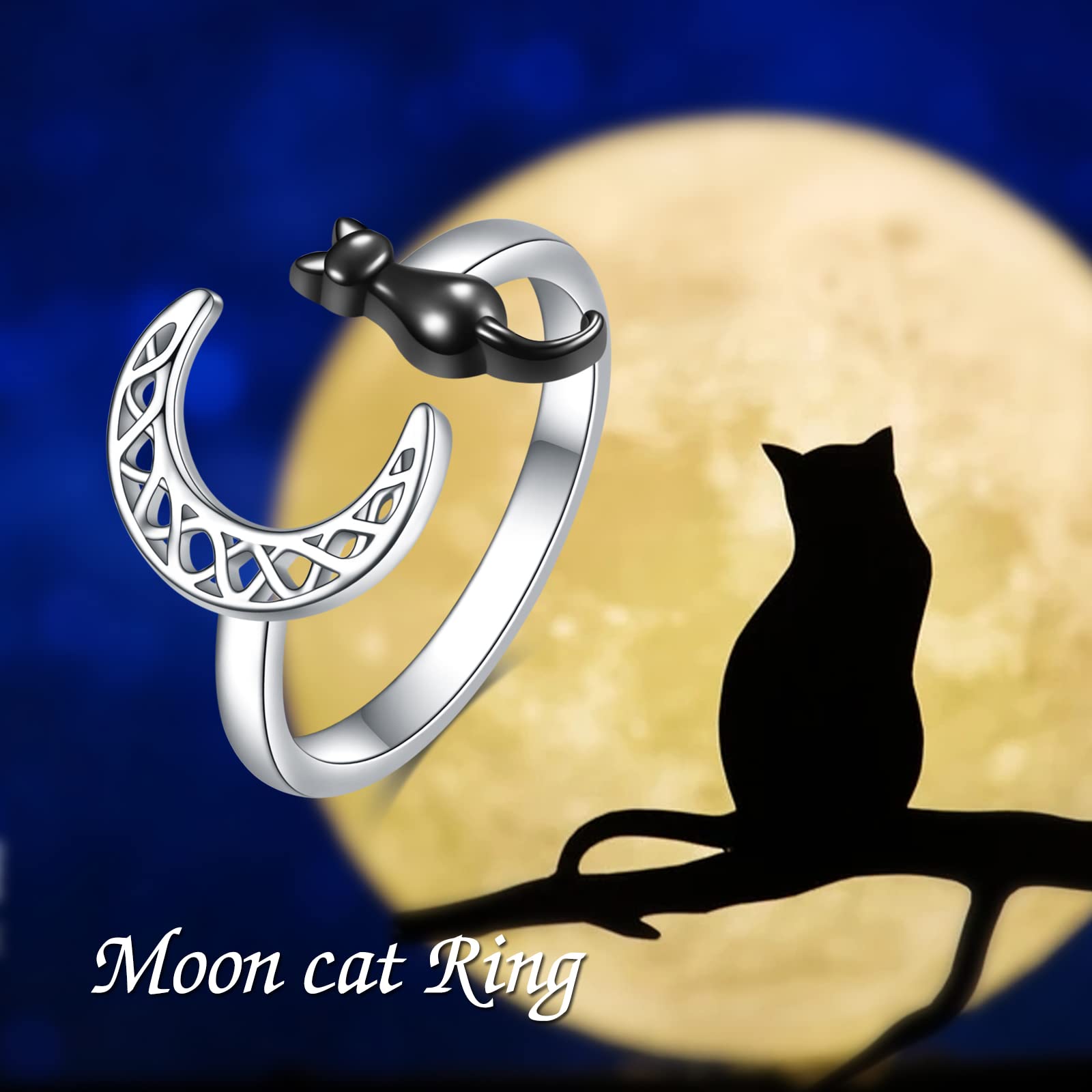 CRMAD Cat Ring Sterling Silver Black Cat on the Celtic Moon Ring Gifts for Women(8, silver)