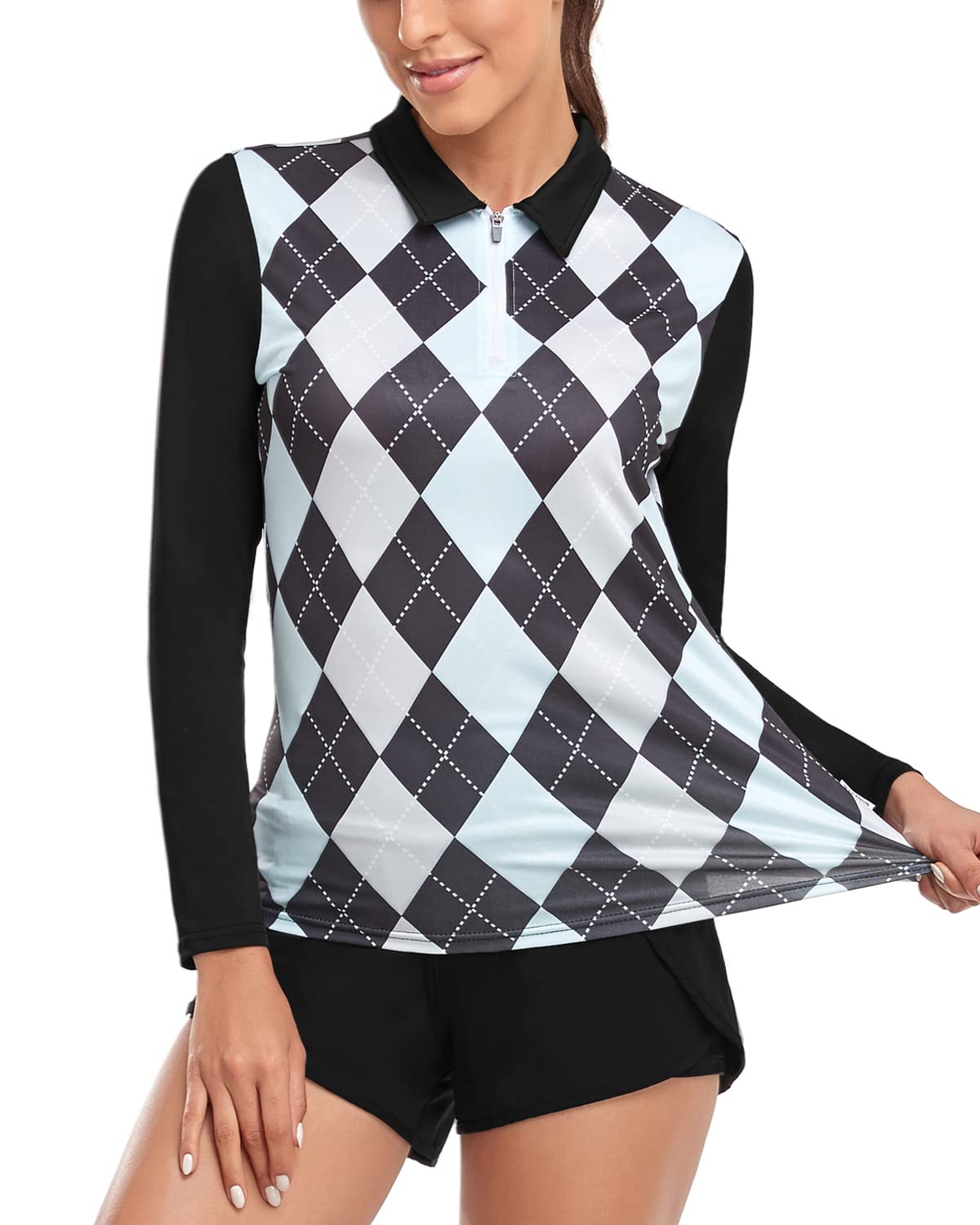 Soneven Women's Long Sleeve Golf Polo Shirts Moisture Wicking Quick Dry Half-Zip Pullover Athletic Workout Striped Tops (1-Black Argyle, X-Large)