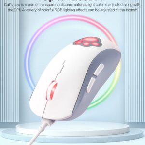 PHNIXGAM Cat Paw RGB Gaming Mouse, Silent Optical Computer Mice USB Wired with 6 Adjustable DPI Up to 7200, RGB Lighting, 6 Programmable Buttons for Windows/Vista/Linux (White)