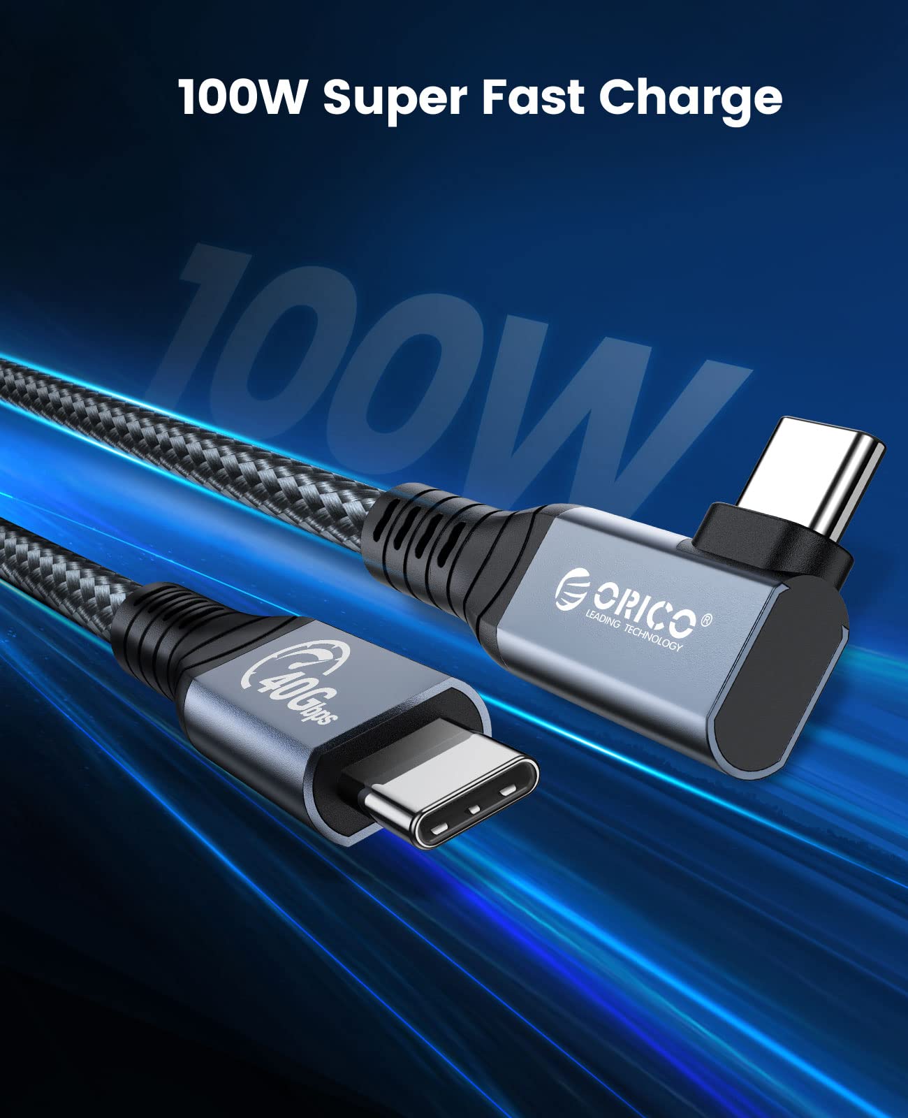 ORICO Cable Compatible with Thunderbolt 4 Right Angle 0.98FT, 40Gbps USB C to USB C Cable with 100W Charging/Display 8K@ 60Hz for MacBooks, iPad Pro, Thunderbolt 4/3 Hub and USB-C Device