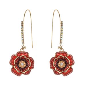 brilove fashion elegant rhinestone enamel rose flower hook dangle earrigns for women ruby color gold-toned