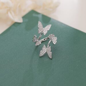 Jukoclut Dainty Plated Cubic Zirconia Butterfly Charm Stacking Adjustable Open Rings for Women Silver