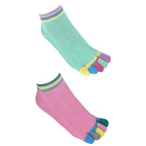 FOX-TECH 2 Pairs Yoga Socks for Women with Grips, Pilates Socks, Barre Socks,Women's Non-Slip Grip Toe Socks (Pink/Mint Green)