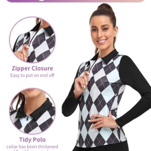 Soneven Women's Long Sleeve Golf Polo Shirts Moisture Wicking Quick Dry Half-Zip Pullover Athletic Workout Striped Tops (1-Black Argyle, X-Large)