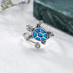 MBSUUH Simulated Opal Sea Turtle Urn Rings for Ashes Blue Turtle Urn Open Rings for Women Teen Girls Jewelry Gifts for Turtle Lovers