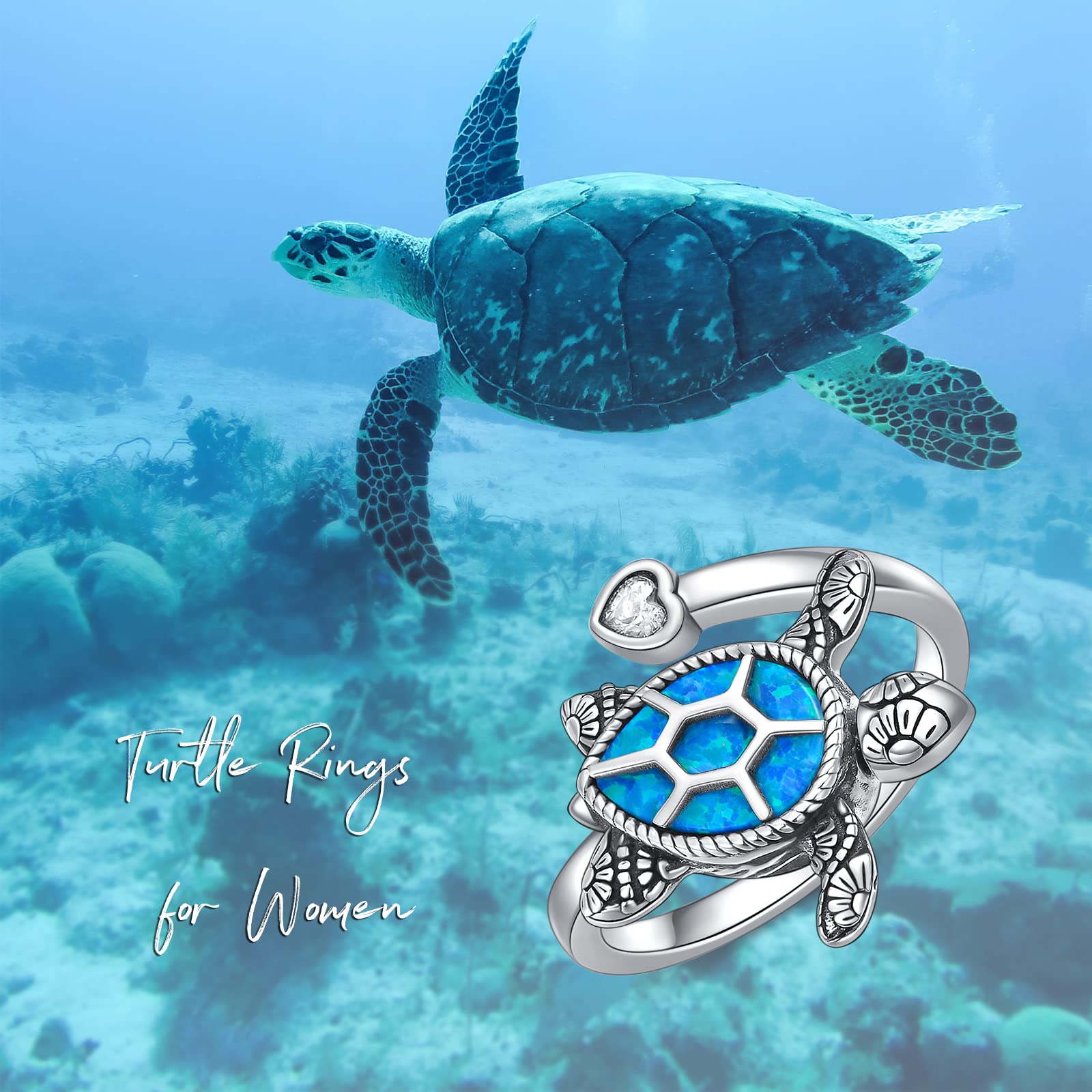 MBSUUH Simulated Opal Sea Turtle Urn Rings for Ashes Blue Turtle Urn Open Rings for Women Teen Girls Jewelry Gifts for Turtle Lovers