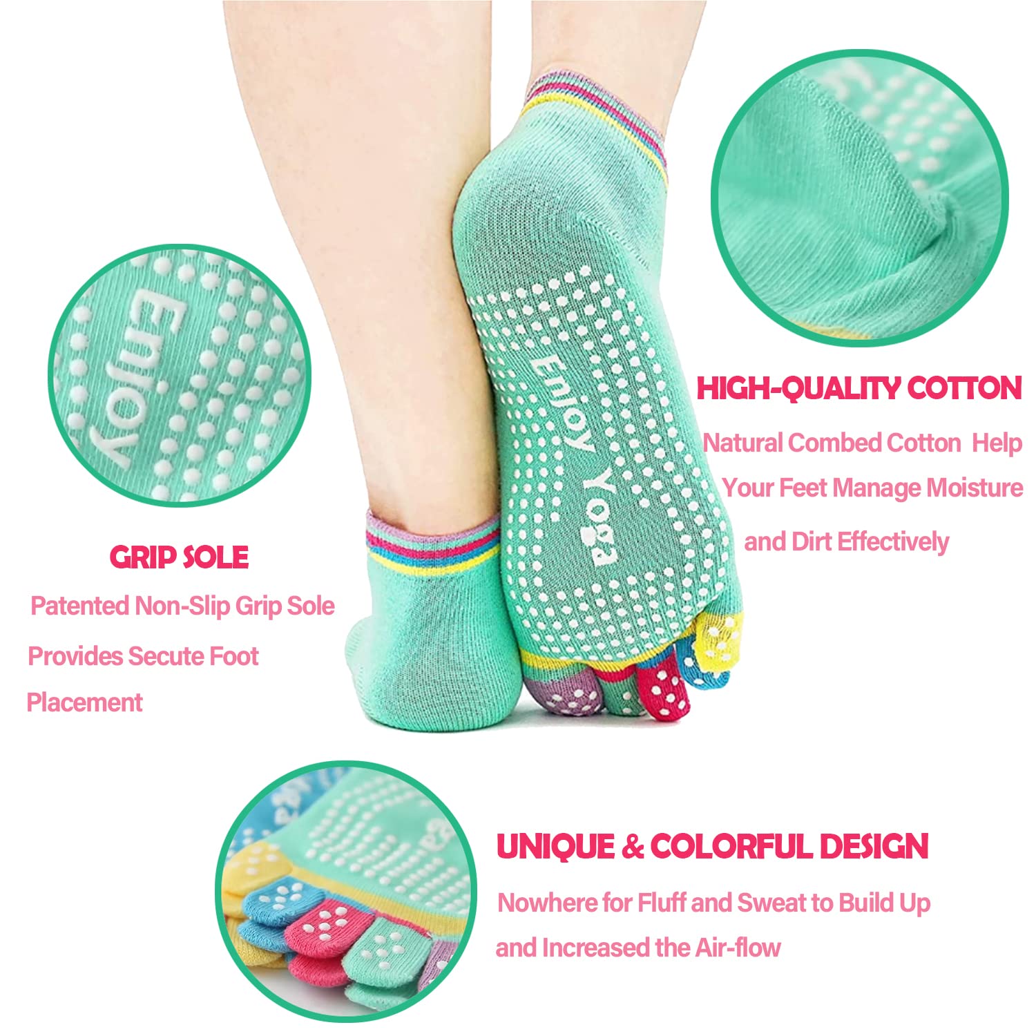 FOX-TECH 2 Pairs Yoga Socks for Women with Grips, Pilates Socks, Barre Socks,Women's Non-Slip Grip Toe Socks (Pink/Mint Green)