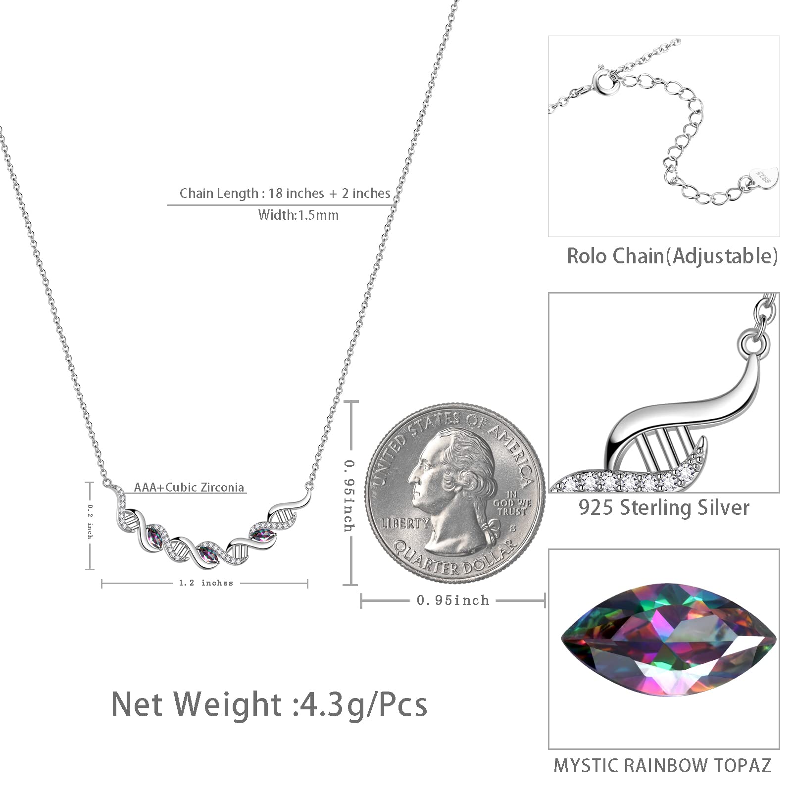 Aurora Tears DNA Double Helix Chemistry Science Molecule Biology Necklace Infinity 925 Sterling Silver Mystic Rainbow Topaz Spiral Pendant Jewelry for Women DP0310W