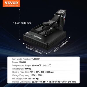 VEVOR Heat Press Machine, 15x15in / 38x38cm, Clamshell Sublimation Transfer Printer with Teflon Coated, Digital Precise Heat Control, Silica-Gel Sponge Powerpress for T-Shirt Bag Pad, Black