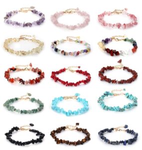 ubjuliwa 15pcs natural gemstone chakra bracelets for women healing crystal bracelets for women men stretchy shamballa bracelet adjustable tumble polished align chakras conquer fear increase