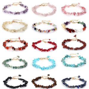 Ubjuliwa 15PCS Natural Gemstone Chakra Bracelets for Women Healing Crystal Bracelets for Women Men Stretchy Shamballa Bracelet Adjustable Tumble Polished Align Chakras Conquer Fear Increase