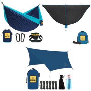 wise owl outfitters camping hammock with rain fly tarp and bug net - single hammock - waterproof camping accessories & backpacking gear, camping gear must haves - blue