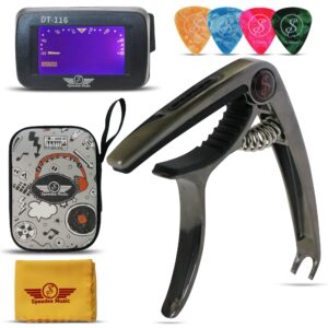 speedee music capo bundle gift pack - 4 assorted guitar picks, guitar tuner, 3-1 capo with built-in pick stand and pin puller, storage bag for guitar accessories