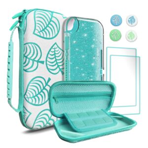 tikodirect carrying case for switch lite, shockproof portable travel bag with glitter galaxy case, screen protectors and cute leaf thumb grips caps, animal crossing green