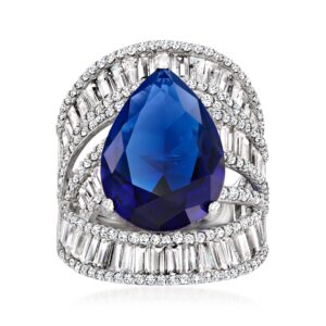 ross-simons 9.00 carat simulated sapphire and 3.60 ct. t.w. cz ring in sterling silver. size 9