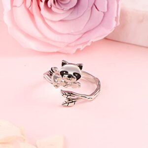 925 Sterling Silver Raccoon Ring Thumb Ring Adjustable Open Ring for Women Size 6 7 8 9 Jewelry