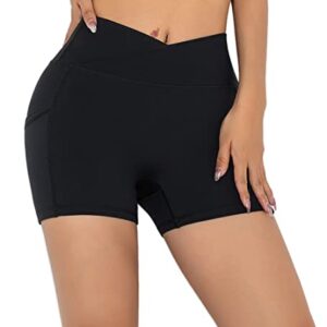 Darkterror Workout Shorts Women Spandex High Crossover Waist Gym Athletic Yoga Running with Pockets(Black-M)