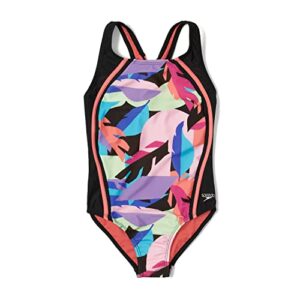 speedo girls' big kid swimsuit one piece thick strap racer back printed, coral paradise, 14 big kid