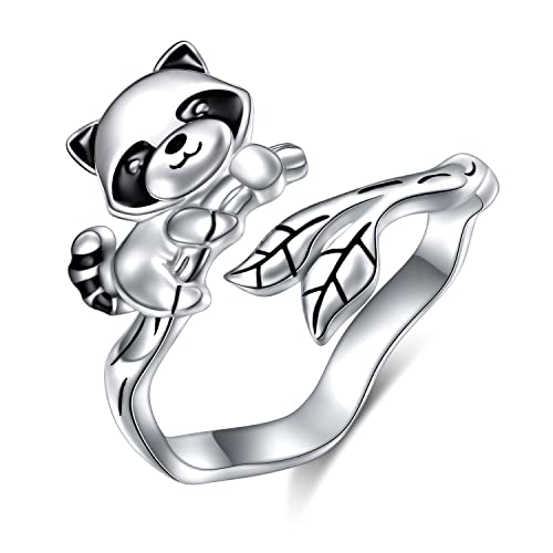 925 Sterling Silver Raccoon Ring Thumb Ring Adjustable Open Ring for Women Size 6 7 8 9 Jewelry