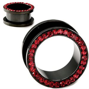 Surgical Steel Black Titanium with Red CZ Over Screw-on Plugs/Gauges 00G (10MM) 2 Pieces (1 Pair) (B/4/2/60)