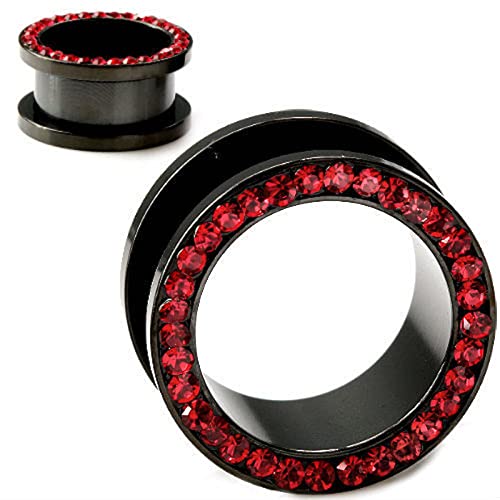 Surgical Steel Black Titanium with Red CZ Over Screw-on Plugs/Gauges 00G (10MM) 2 Pieces (1 Pair) (B/4/2/60)