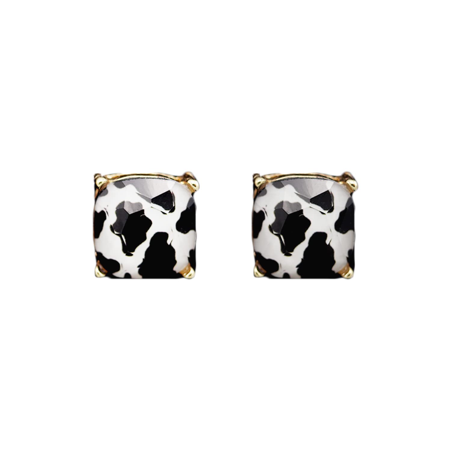 Kathaya Jewel Statement Stud Earrings Animal Cow Print Chic Glass Square Stud Western Cowhide Earrings (White Black)