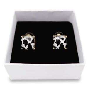 Kathaya Jewel Statement Stud Earrings Animal Cow Print Chic Glass Square Stud Western Cowhide Earrings (White Black)