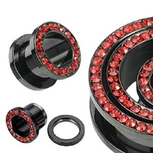 Surgical Steel Black Titanium with Red CZ Over Screw-on Plugs/Gauges 00G (10MM) 2 Pieces (1 Pair) (B/4/2/60)