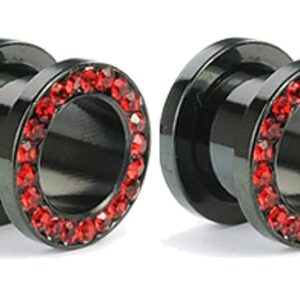 Surgical Steel Black Titanium with Red CZ Over Screw-on Plugs/Gauges 00G (10MM) 2 Pieces (1 Pair) (B/4/2/60)