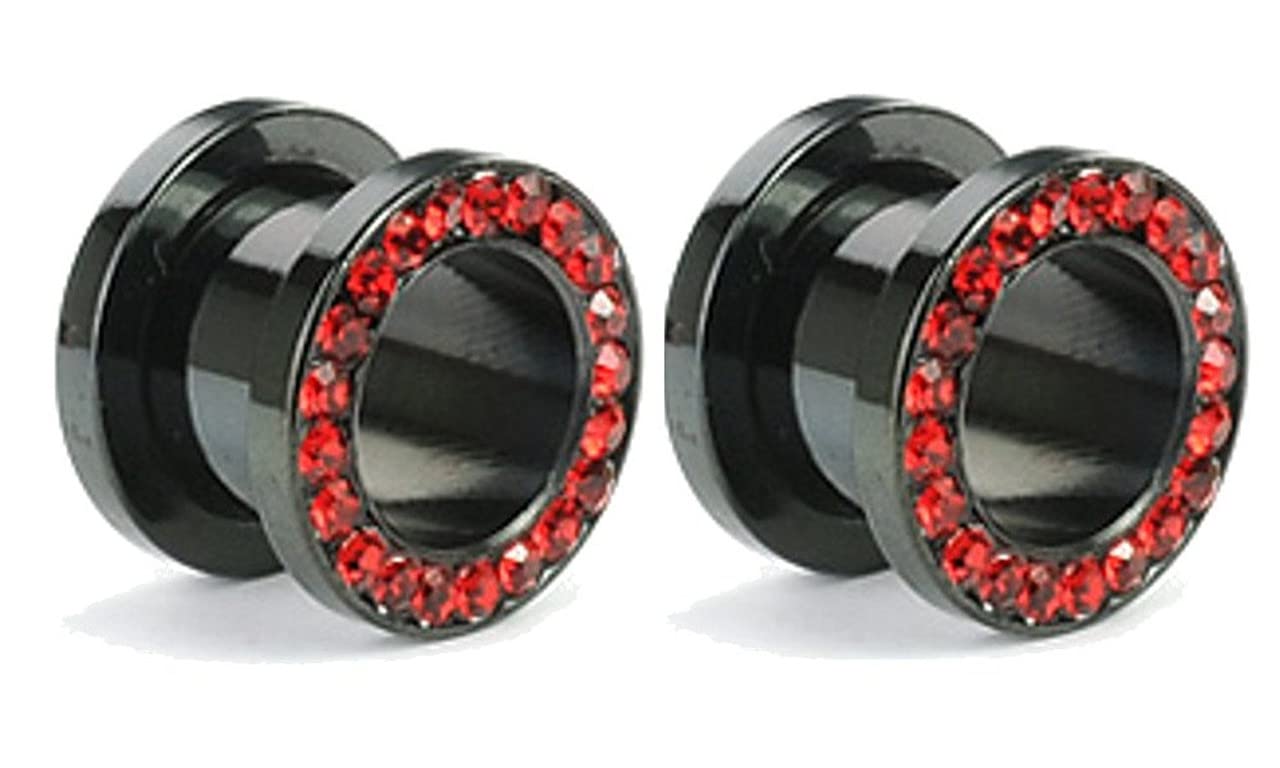 Surgical Steel Black Titanium with Red CZ Over Screw-on Plugs/Gauges 00G (10MM) 2 Pieces (1 Pair) (B/4/2/60)