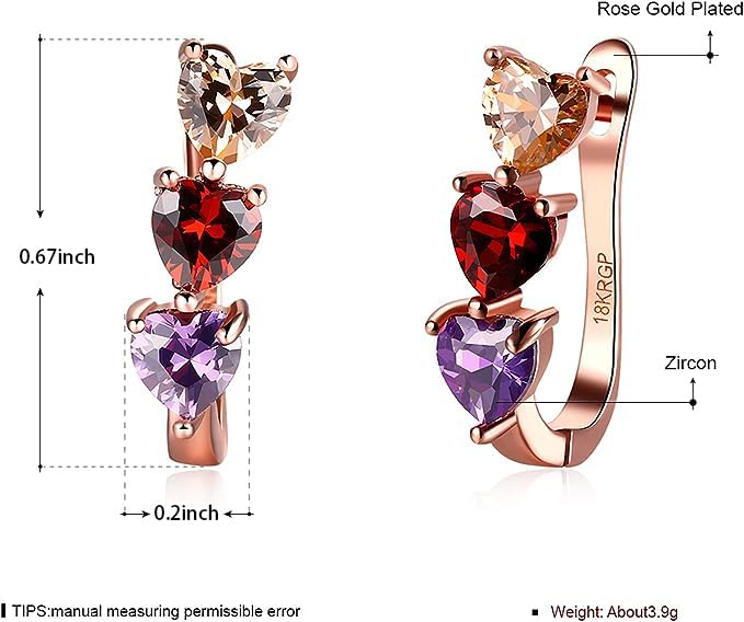 WSKFLY Colorful Cubic Zirconia Heart hoop Earrings,18K Rose Gold Boutique Earrings for Women