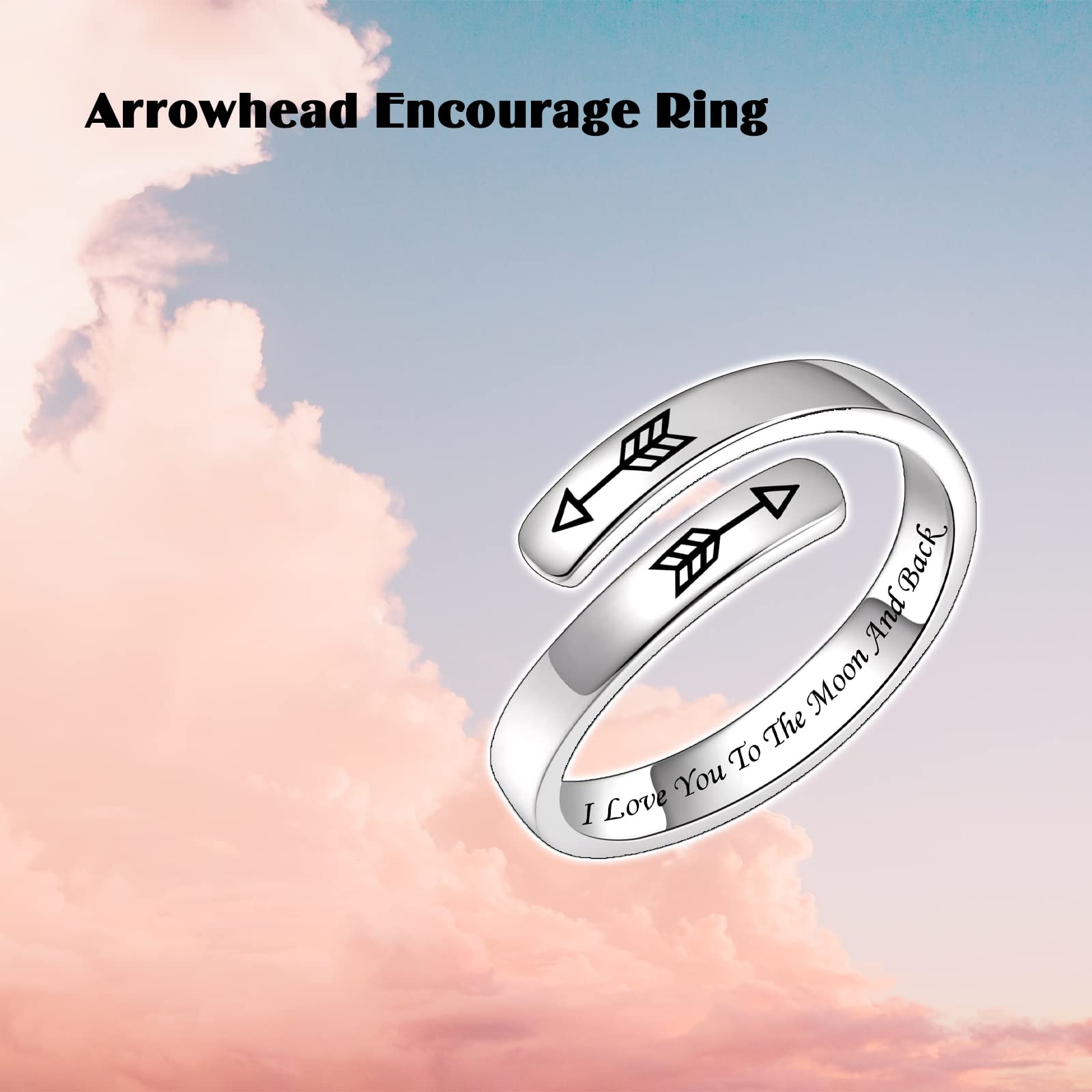 925 Sterling Silver Inspirational Ring Adjustable Rings Personality Encouragement Jewelry Gifts for Women(Design 2: I Love You To The Moon And Back)