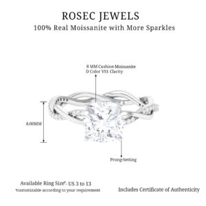 Rosec Jewels Moissanite Solitaire Ring for Women, 8 MM, 3 Cttw, D-VS1 Quality, Braided Promise Engagement Ring, 14K White Gold, Size:US 12.00