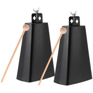 manchap 2 pack 8 inch cow bell with stick, cowbells noise makers with handle, metal cowbell for drum set, sports, home, farm, black