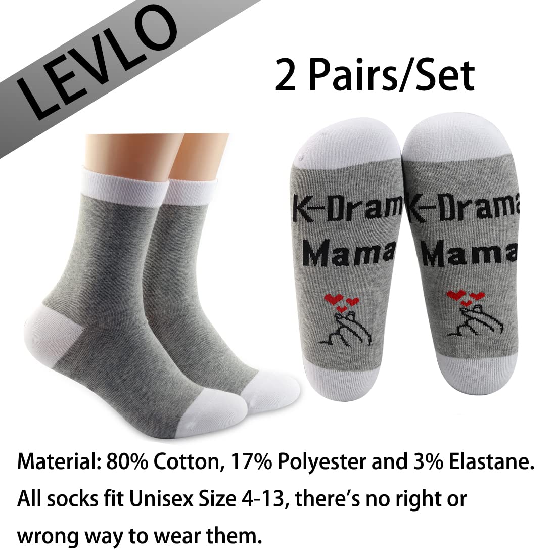 LEVLO Funny K-Drama Lovers Gifts K-Drama Mama Hand Heart Socks for Korean Movie TV Series Fans (2 pairs)