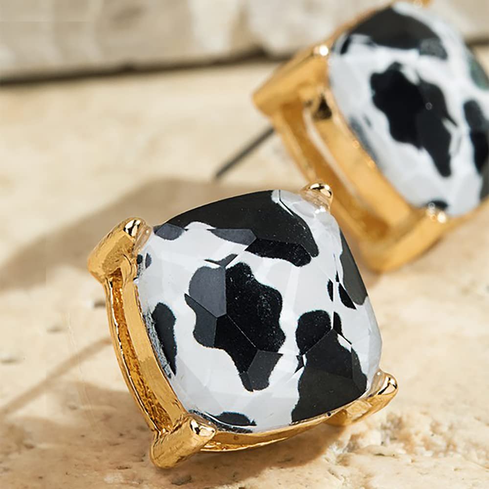 Kathaya Jewel Statement Stud Earrings Animal Cow Print Chic Glass Square Stud Western Cowhide Earrings (White Black)