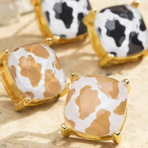 Kathaya Jewel Statement Stud Earrings Animal Cow Print Chic Glass Square Stud Western Cowhide Earrings (White Black)