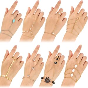 8 pieces hand chain set ring bracelet chain tassel crystal finger bracelet bohemian hand jewelry for women(elegant)