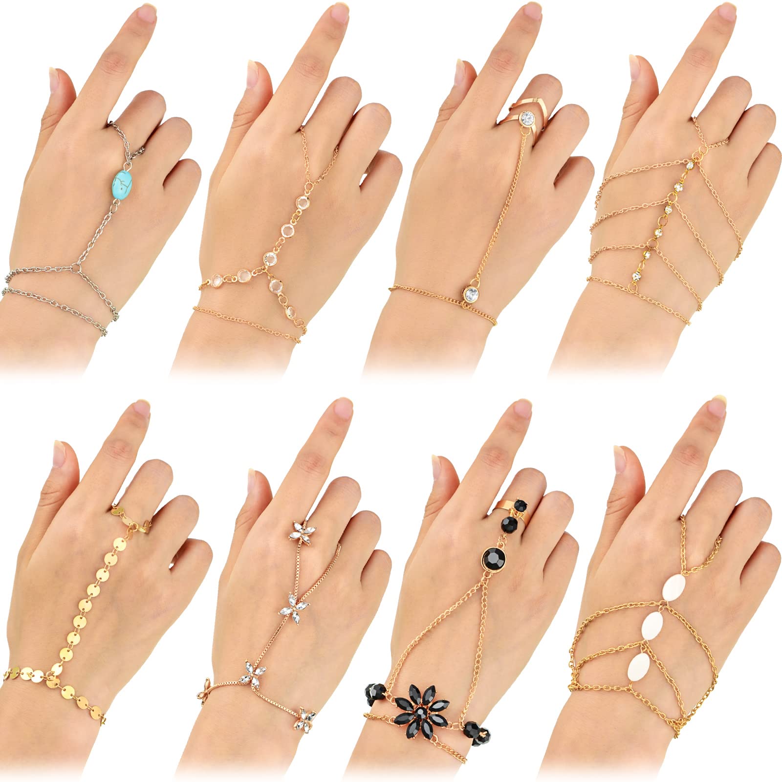 8 Pieces Hand Chain Set Ring Bracelet Chain Tassel Crystal Finger Bracelet Bohemian Hand Jewelry for Women(Elegant)