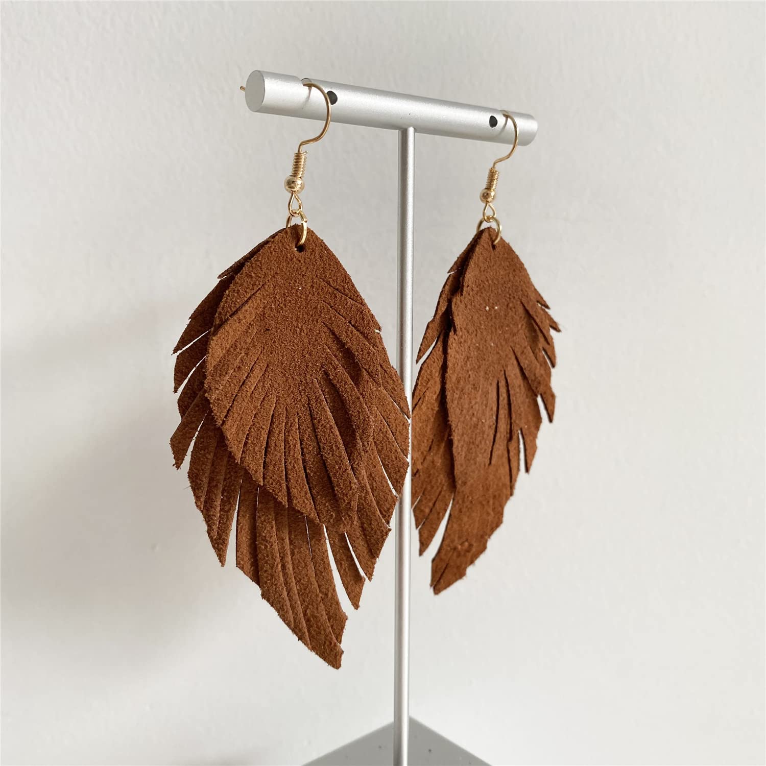 JIUIQL Handmade Bohemian Large Soft Genuine Leather Fringe Double Feather Lightweight Color PU Leaf Drop Dangle Earrings for Women Fashion Jewelry Gifts (Brown)