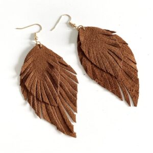 JIUIQL Handmade Bohemian Large Soft Genuine Leather Fringe Double Feather Lightweight Color PU Leaf Drop Dangle Earrings for Women Fashion Jewelry Gifts (Brown)