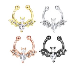 evispol 4pcs 16g fake septum nose rings for women men, stainless steel faux bat septum ring clip on septum jewelry cz nose cuffs non piered nose piercing jewelry-4pcs-bat-colors