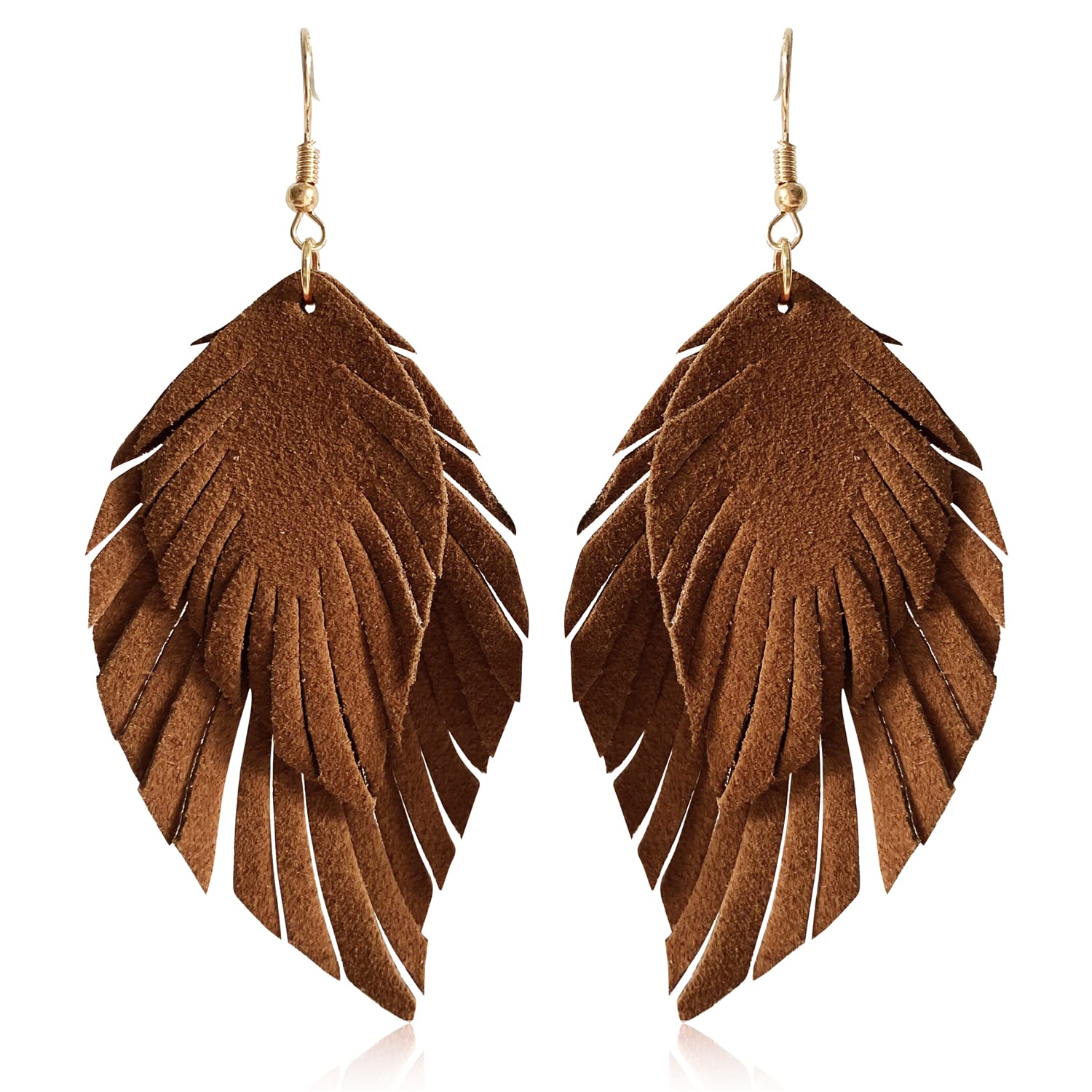 JIUIQL Handmade Bohemian Large Soft Genuine Leather Fringe Double Feather Lightweight Color PU Leaf Drop Dangle Earrings for Women Fashion Jewelry Gifts (Brown)